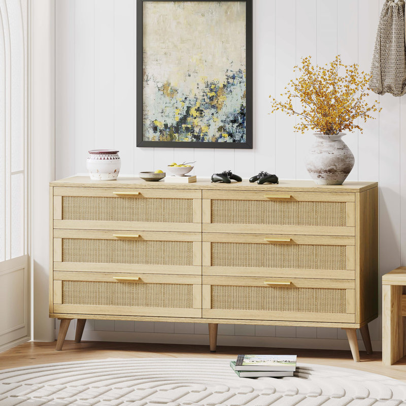 Rattan 6 Drawer Double Dresser for Bedroom Chest of Dressers Natural George Oliver